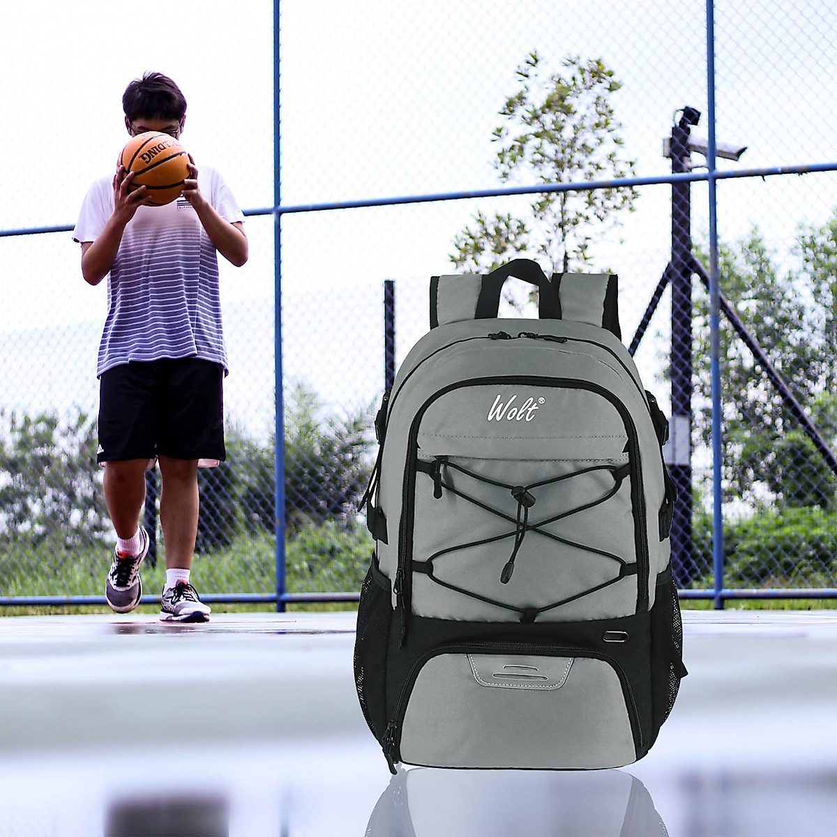 WOLT | Basketball Backpack Large Sports Bag with Separate Ball Holder & Shoes Compartment, Gifts for Basketball, Soccer, Volleyball, Swim, Gym, Travel (Light Grey)