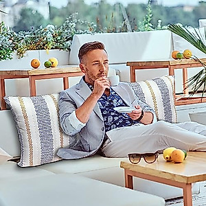 AlanRoye Outdoor Throw Pillow Covers Farmhouse Decorative 18x18inch Set of 2 Blue Yellow Grey Gray Gold Waterproof Stripe for Patio Garden Couch Neutral Beige Aesthetic Linen Modern Pillowcase