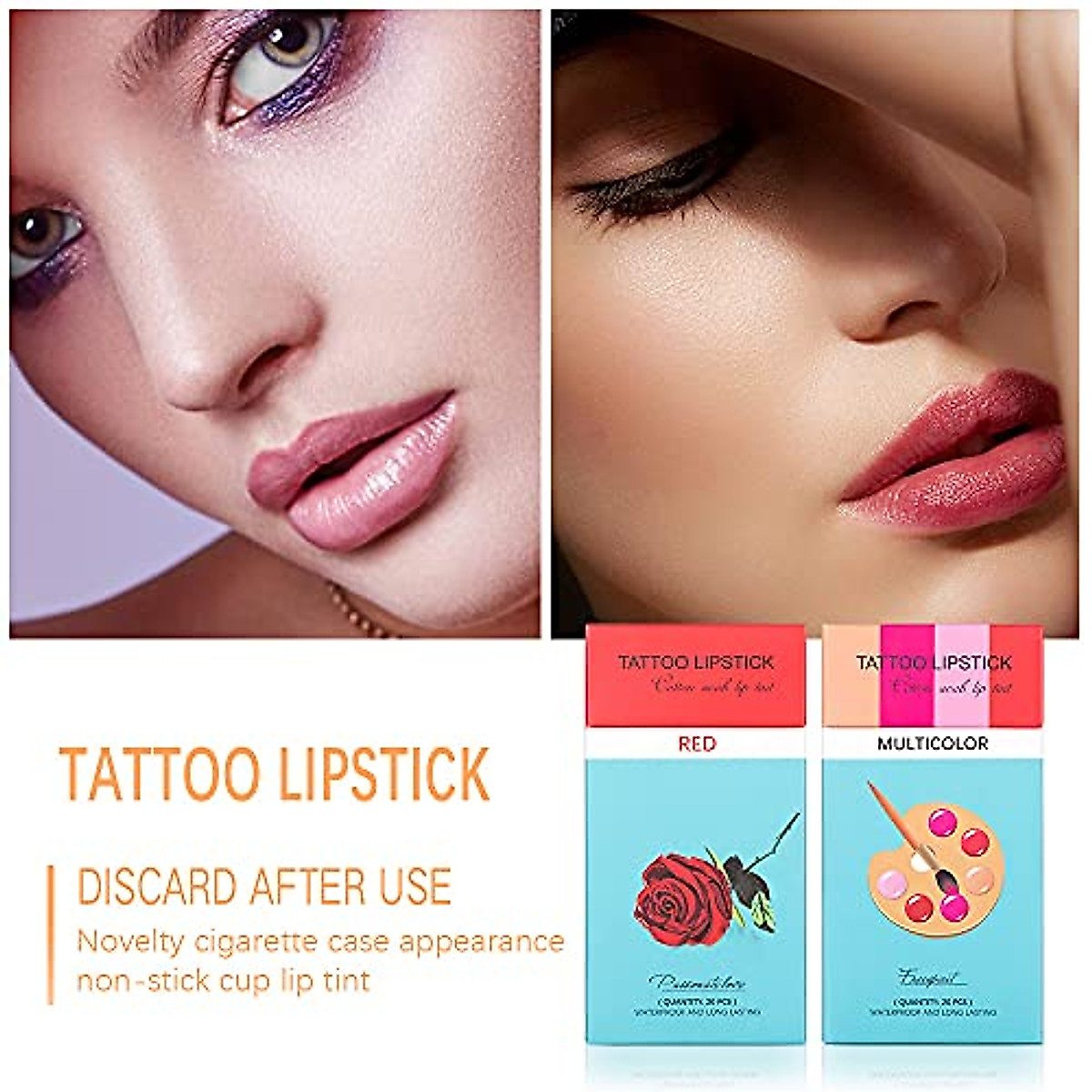 Sokgo 20Pcs Cotton Swab Tattoo Lipstick, Tattoo Lipstick Cotton Swab Lip Tint, Waterproof and Long Lasting Liquid Non-Stick Portable Lip Gloss