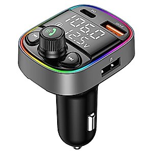 LIHAN Wireless Bluetooth Car Adapter,FM Transmitter AUX Radio Receiver,Handsfree Call,QC3.0 & Type-C USB Car Charger Ports, 7 Color Backlit with 2 LED Display, TF Card & USB Music Player