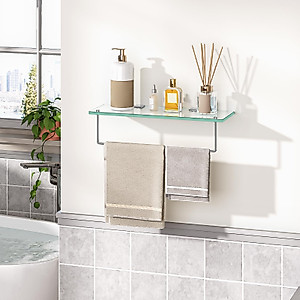 HOOBRO Glass Shelf for Bathroom, 15.7 Inch Glass Bathroom Shelf Wall Mounted, Tempered Glass Shelf with Stainless Steel Rod, Floating Shelves for Bathroom, Toilet, Room Decor, Silver SV03BJ01