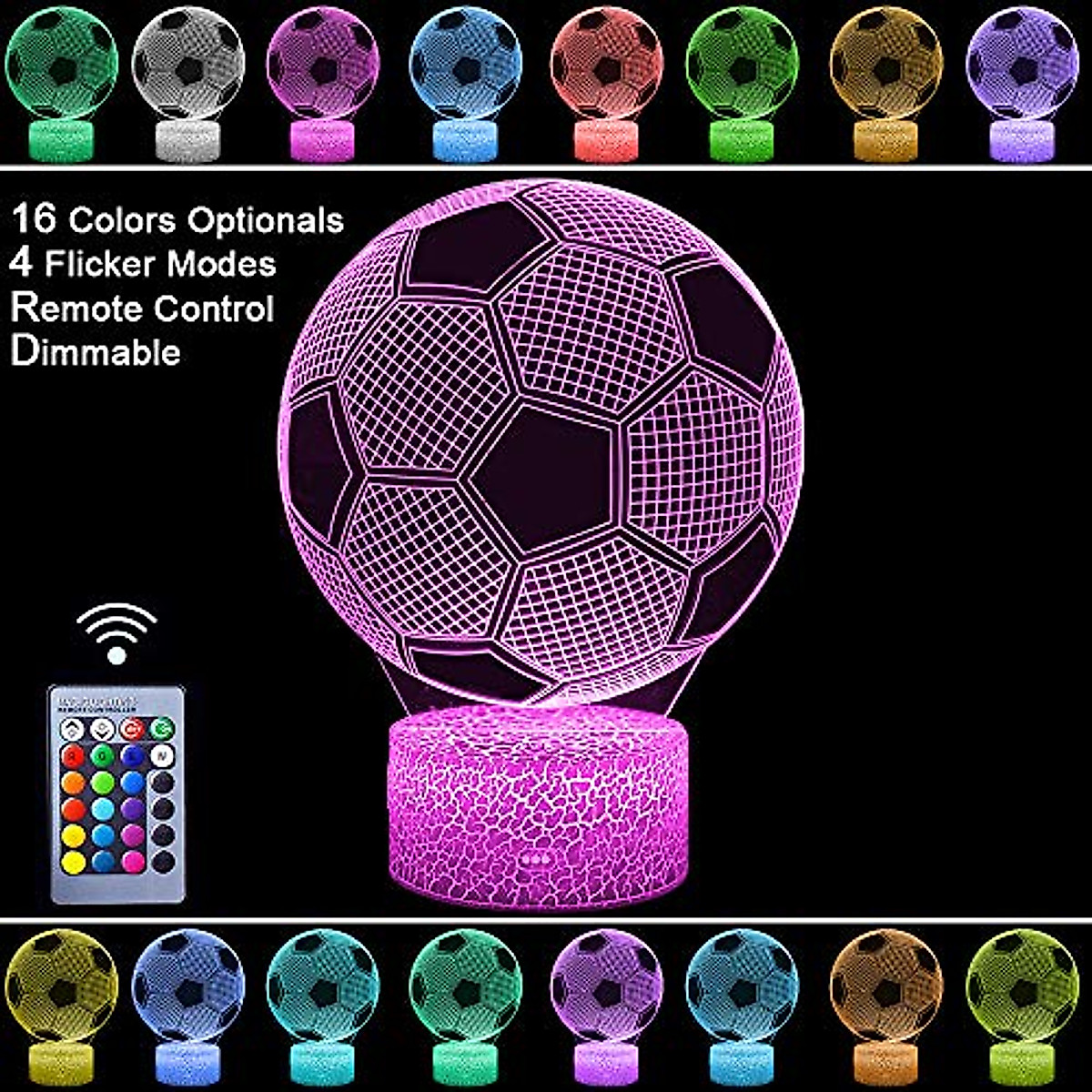 ZoyinGifts 3D Soccer Night Lights Illusion LED Lamps Remote Controller USB Powered RGB Colors Changeable Gifts for Boys Football Lovers for Birthdday Christmas(Soccer)