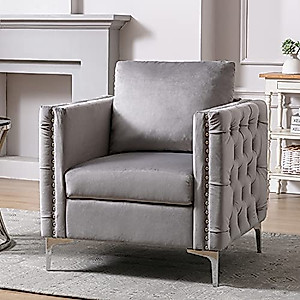 Harper & Bright Designs Modern Velvet Armchair, Tufted Button Accent Chair Club Chair with Steel Legs for Living Room Bedroom, Grey