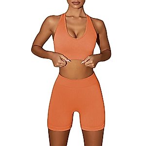 WANLISS Summer Plus Workout Sets for Women 2 Piece Seamless Ribbed Crop Tank High Waist Shorts Casual Yoga Outfits