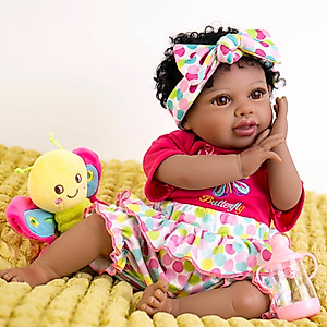 Aori Reborn Baby Dolls Black 22 inch African American Lifelike Newborn Baby Girl Doll with Butterfly Gift Set
