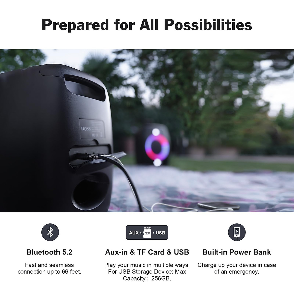 DOSS Outdoor Bluetooth Speaker with Subwoofer, 60W Powerful Sound, Rich Bass, Dual DSP, Mixed Colors Lights, PartySync, Mic and Guitar Inputs, Karaoke Machine for Backyard and Poolside Party