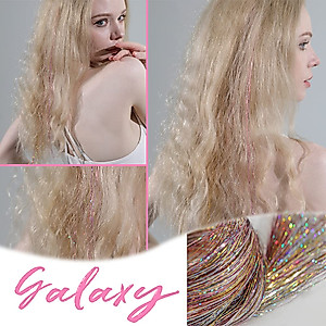 6 Pcs Clip in Hair Tinsle Kit, 19.6 Inch Heat Resistant Glitter Tinsel Hair Extension Clips, Fairy Hair Sparkle Strands Festival Gift Party Dazzle Hair Accessories for Women Girls Kids (GALAXY)