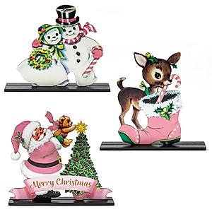 BkeeCten 3pcs Vintage Pink Christmas Theme Wooden Table Topper Centerpiece Decoration Signs, Victorian Style Santa Claus Elk Snowman Detachable Tabletop Sign Decor for Christmas Party Supplies