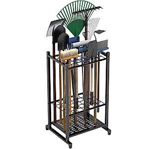 Sttoraboks Garden Tool Organizer, Yard Tool Tower Rack for Garage Organization and Storage, Up to 35 Long-Handled Tools/Rakes/Brooms, Heavy Duty Steel Garden Tool Stand for Shed, Outdoor, Black