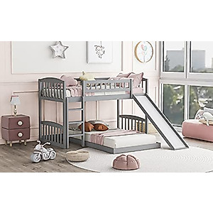 Tidyard Twin Over Twin Bunk Bed with Slide and Ladder, Wood Bed Gray for Bedroom Dorm Guest Room Home Furniture