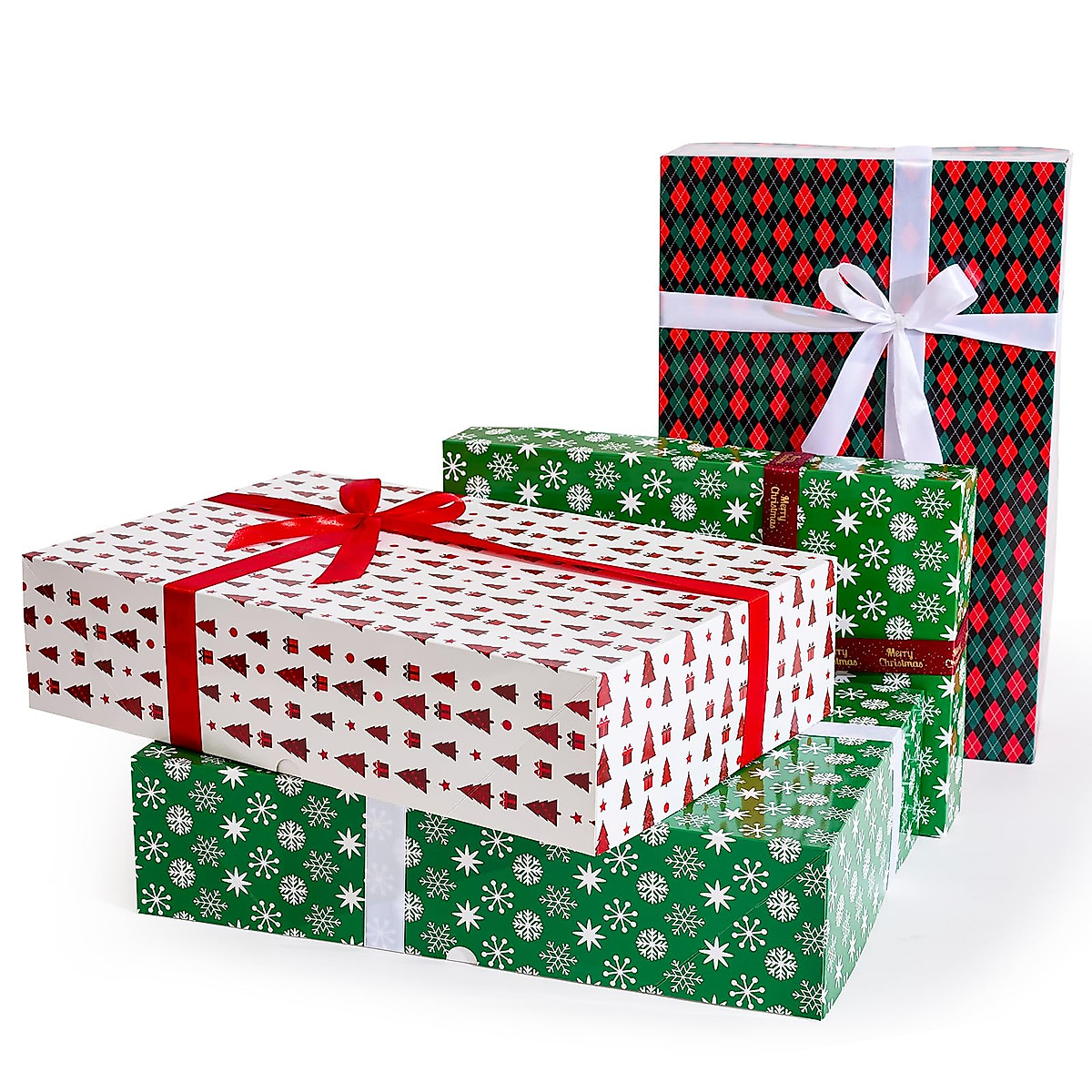 YANGTE 12 Christmas Gift Boxes with Lids for Presents Contains 6 X-Large Gift Boxes 4in Deep, 6 Large Shirt Boxes 2in Deep for Christmas, Holidays Wrapping Gifts Red, Green and White Shirt Boxes