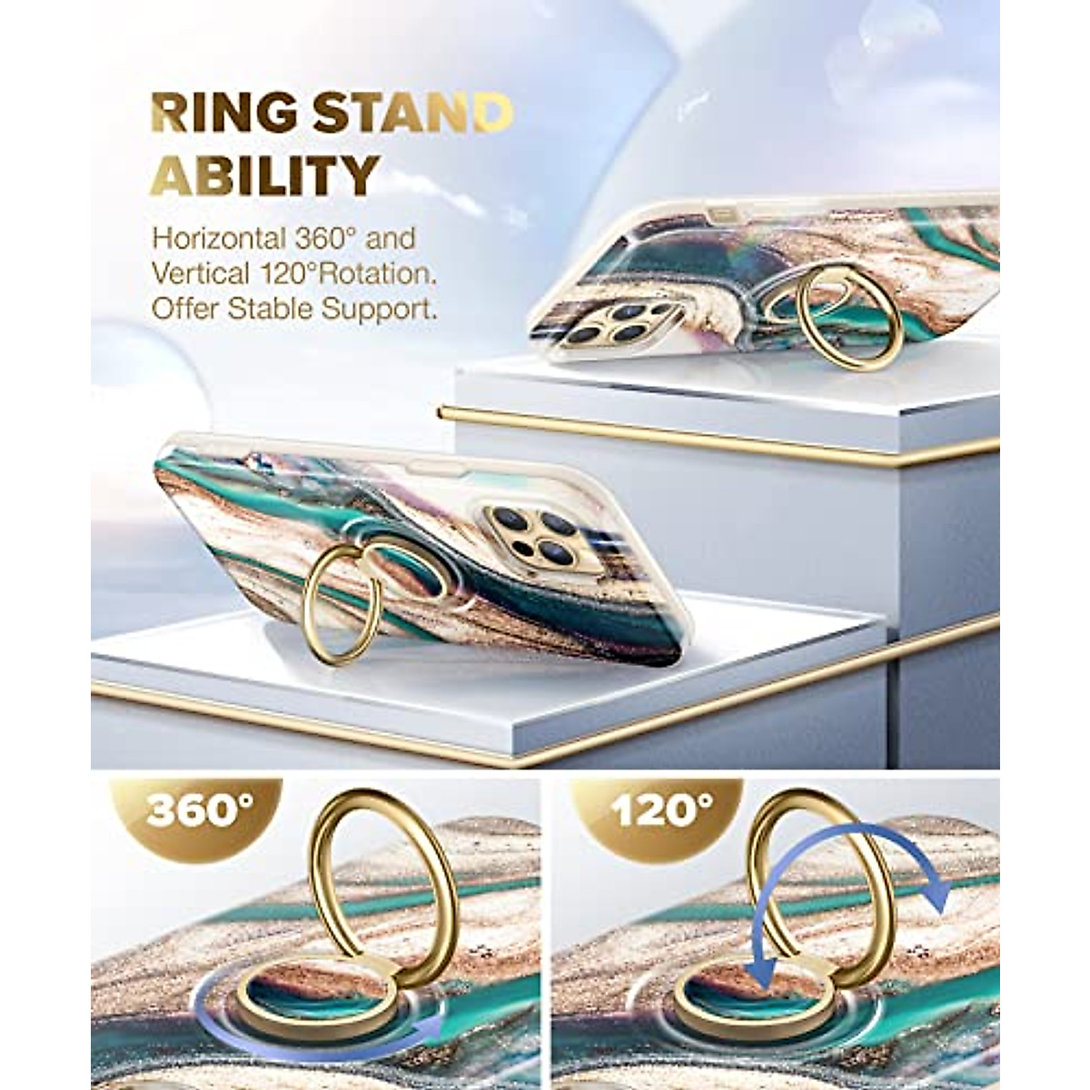 GVIEWIN for iPhone 12 Pro Max Case 6.7 Inch, Built-in 360° Rotate Ring Stand, Stylish Durable Marble Pattern Shockproof Kickstand Phone Holder Protective Case Cover (Drift Sand/Brown)