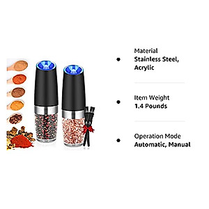 Gravity Electric Salt and Pepper Grinder Set, Joyfort Automatic Pepper Mill Grinder Battery Powered with Adjustable Coarseness, Stainless Steel,Blue LED Light, Support One Hand Use, Black-2 Pack