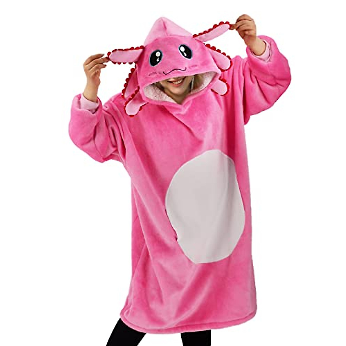 Psjtcygj Axolotl Wearable Blanket Sweatshirt Sherpa Oversized Hoodie TV-Blanket with Sleeves and Pockets for Adults Men Women Teens One Size Fits All