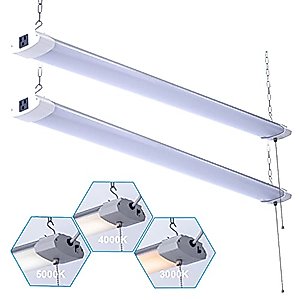 HOLDWILL 2 Pack LED Shop Light,4FT 48W Linkable Utility Integrated Ceiling Lighting Fixture, 3 CCT Selectable 3KK/4KK/5KK Hanging Mount with Pull Chain LED Workbench Light for Workshop