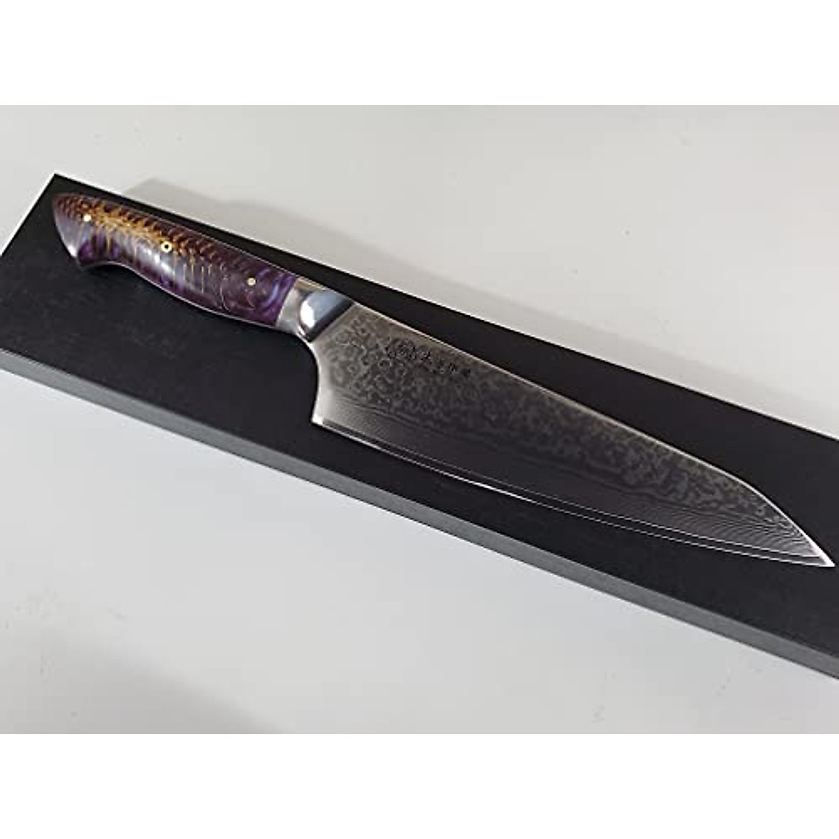 Custom VG10 Damascus chef knife Hybrid Santoku 9" White Silver cast pine cone handle, kitchen knife w/ 67 layer SS Damascus (Purple Cosmos)