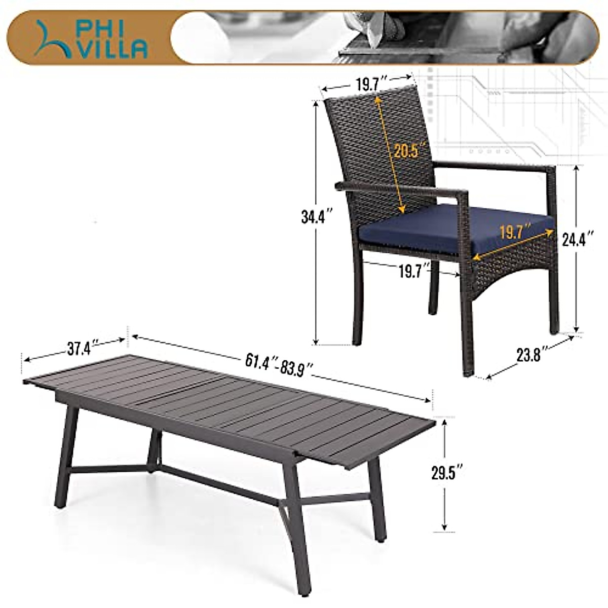 PHI VILLA 9 Pieces Patio Dining Set for 8, Rattan Wicker Chairs and E-Coating Expandable Rectangular Metal Table, Outdoor Dining Table and Chairs Furniture for Backyard Deck Garden Porch