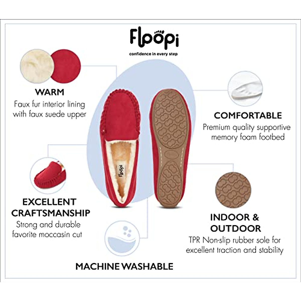 Floopi Women Slippers Moccasins, Soft Faux Fur Lining with Cozy Memory Foam, Ladies House Slippers for Women with Indoor & Outdoor Anti-Skid Sole (8 - Red)