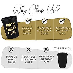 Dirty Thirty Crew 30th Birthday Party Cups and 1"Talk Thirty to Me" Button, Set of 12, 16oz Black and Gold 30th Birthday Stadium Cups, Perfect for Birthday Parties,Birthday Decorations (Regular)