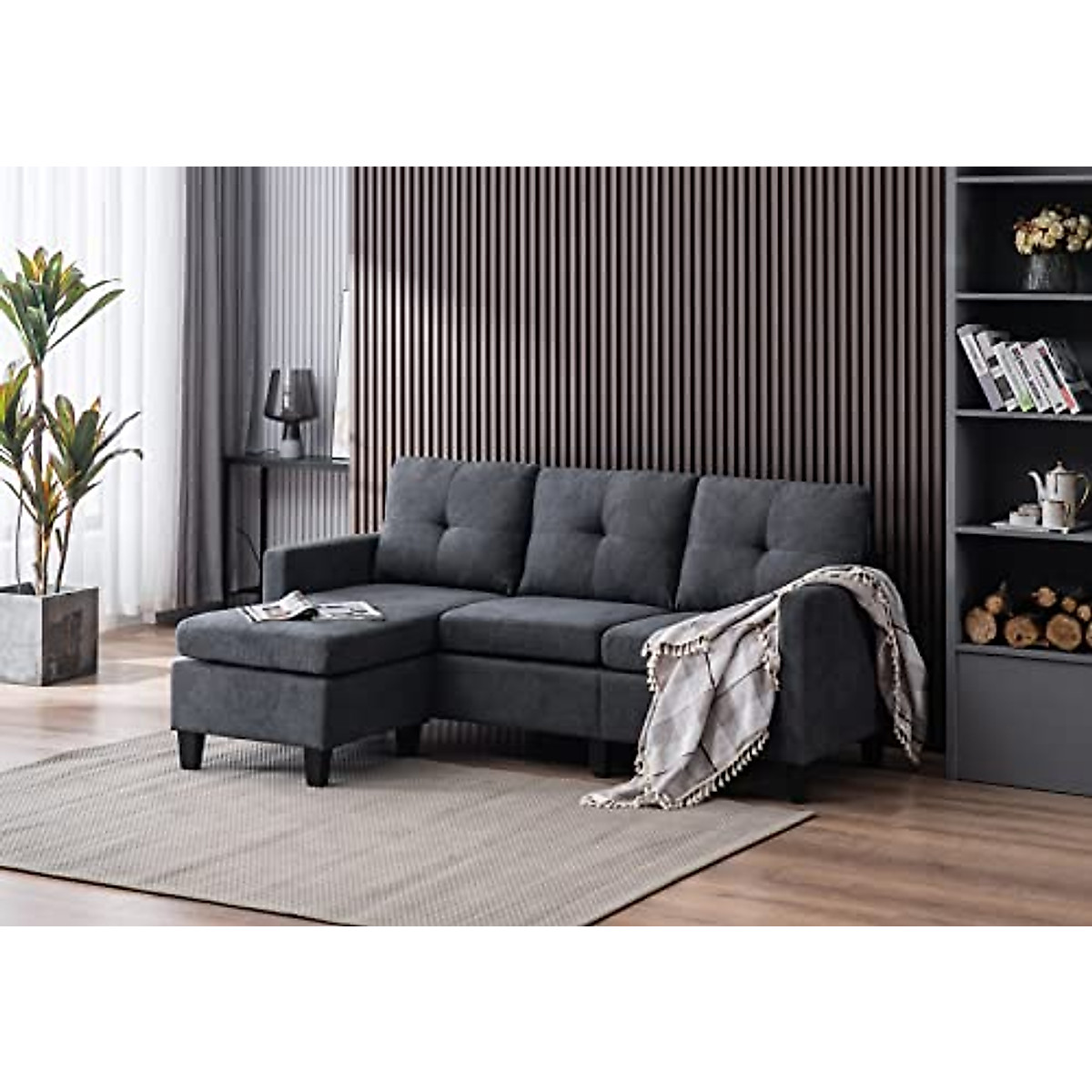 Devion Furniture Enzo Linen Sectional Sofa, Dark Gray