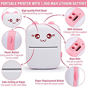 Eschen Pocket Mini Printer, Portable Printer with 6 Rolls Printing Paper for IOS Android Smartphone, Label Receipt Sticker Photo List Notes Inkless Printing Gift, Pink