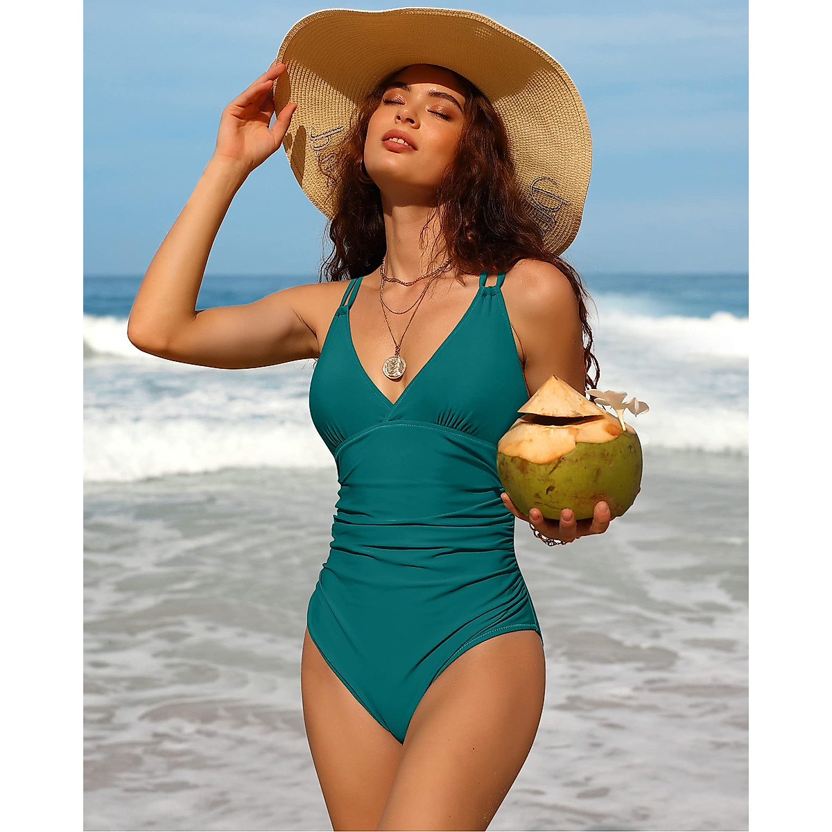 Charmo Tummy Control One Piece Swimsuits for Women Ruched Bathing Suit V Neck Strappy Monokini Teal Medium