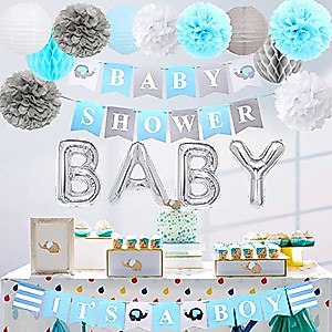 Elephant Baby Shower Decorations for Boy Blue and Sliver, It's A Boy Banner Paper Lantern Paper Pom Poms Flower Honeycomb Balls For Elephant Themed Baby Shower Decor