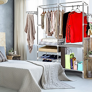 Garment Freestanding Clothes Organizer Closet, Metal Hanging Storage Organizer Rack Wardrobe with Shelves& Hanging Rods,Clothes Hanger Organizer (Grey)