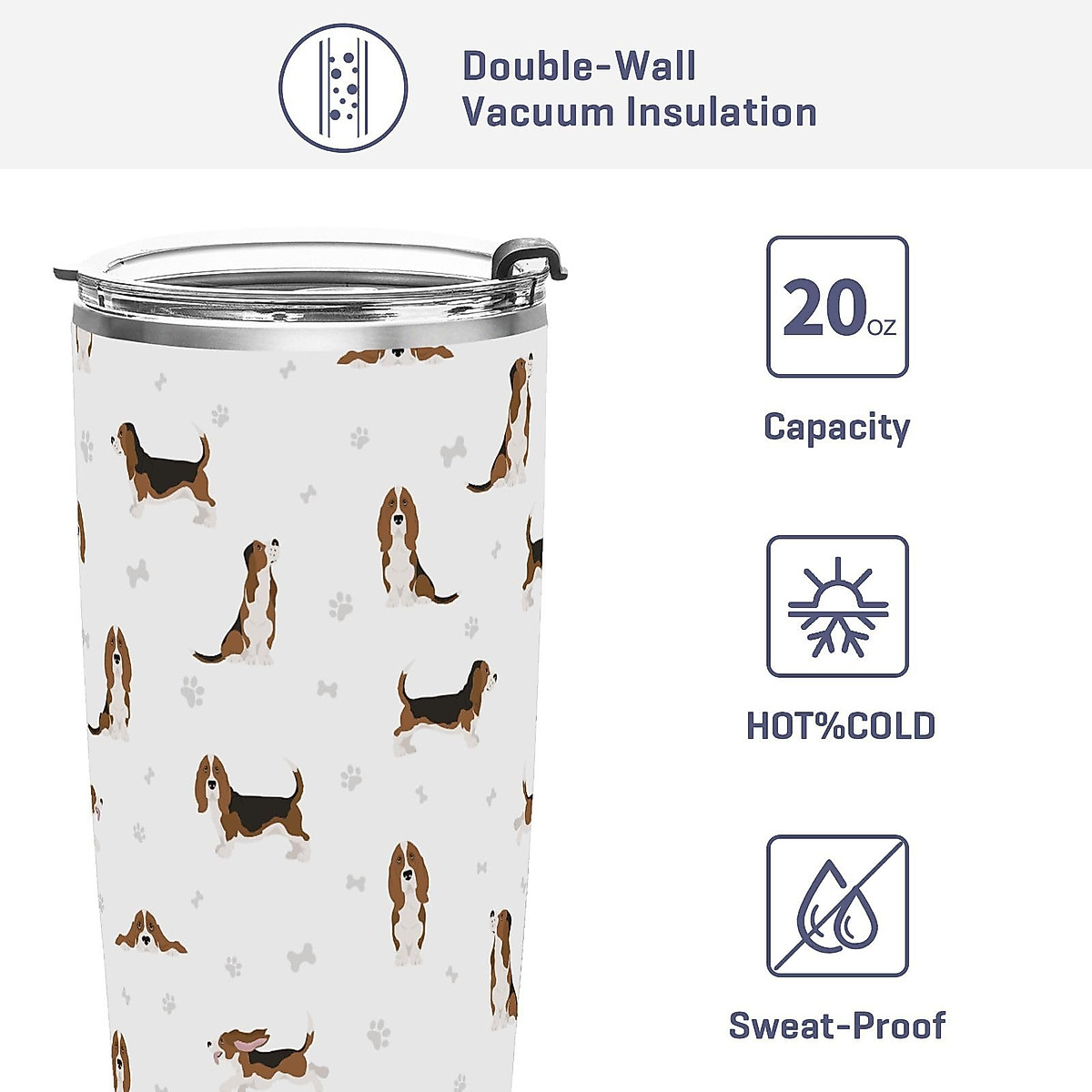 Dog Basset Hound Tumbler with Lid and Straws Insulated Travel Mug Stainless Steel Coffee Cup Double Wall Vacuum Tumblers Water Cup for Office Men Women Tea 20oz Gifts