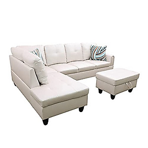 EZLUX Pearl White Faux Leather L-Shaped Left Chaise Sectional Sofa Couch Set with Ottoman for Living Room