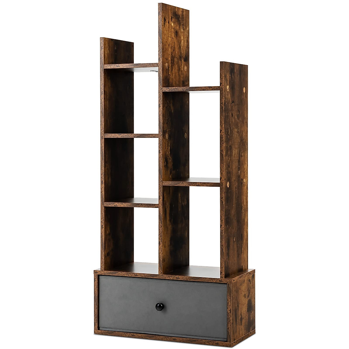 LOKO Rustic Bookshelf with Drawer, Industrial 3 Shelf Bookcase with Anti-toppling Device and 7 Open Compartments, Freestanding Vintage Wooden Book Shelf for Bedroom, Living Room (Rustic Brown)