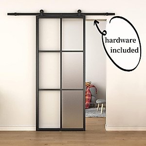 BARNSMITH 36in x 84in Frosted Glass Barn Door with 6.6FT Top Mounted Hardware kit DIY 6 Lites Tempered Glass Modern Aluminum Sliding Door Disassembled Easy Installation