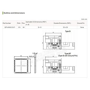 QFN64 Clamshell Programming Adapter Socket/Burning Socket/IC Test Socket QFN-64B-0.5-01, 64-Pin, 0.5mm Pitch, IC Test Burn-in Socket, Applied to QFN64, MLP64, MLF64 Packages.