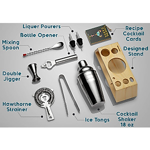 Modern Mixology Bartender Kit with Bamboo Stand - Cocktail Shaker Set and Bar Accessories for Home Bar, Drink Mixing, and Mixology Kit