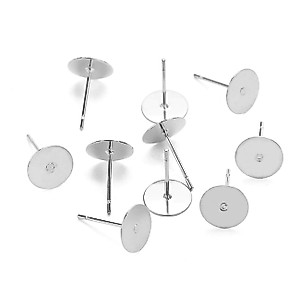 100pcs Adabele 316 Grade Surgical Stainless Steel Hypoallergenic Stud Earring Posts Findings 6mm Glue On Flat Pad with 100pcs Earnut Backs Earrings Making SEF221-6