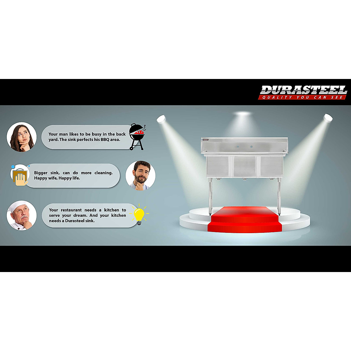 Stainless Steel Commercial Kitchen Sink - DuraSteel 3 Compartment Utility Sink w/Cross Bracing Legs - Triple 15" x 15" x 12" Bowl Size - For Restaurant, Laundry, Garage & Backyard - NSF Certified
