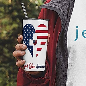God Bless America Heart Flag Patriotic 20 OZ Stainless Steel Tumbler Travel Car Coffee Mug with Straw Lid Cleaning Brush Coffee Tumbler Mug for Women Men
