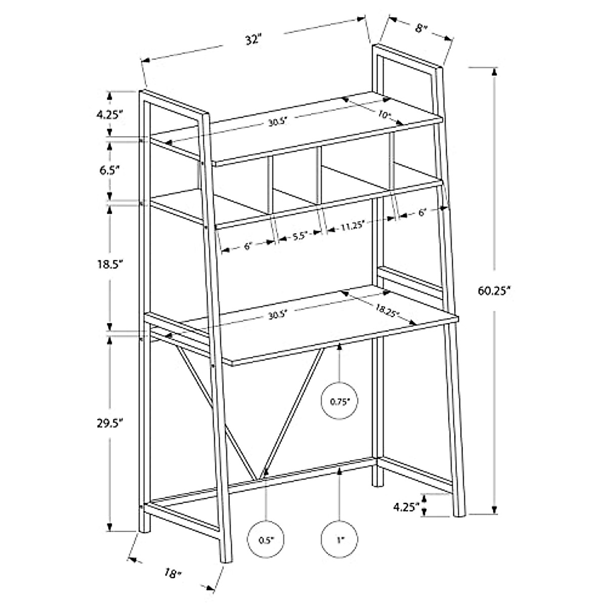 Monarch Specialties Workstation-Ladder Style Computer Desk with Shelves-Metal, 32" L, White