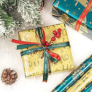 MAYPLUSS Christmas Wrapping Paper Roll - Mini Roll - 17 inch X 120 inch Per roll - 3 Different Dark Green with Glitter Metallic Foil Design(42.3 sq.ft.ttl)