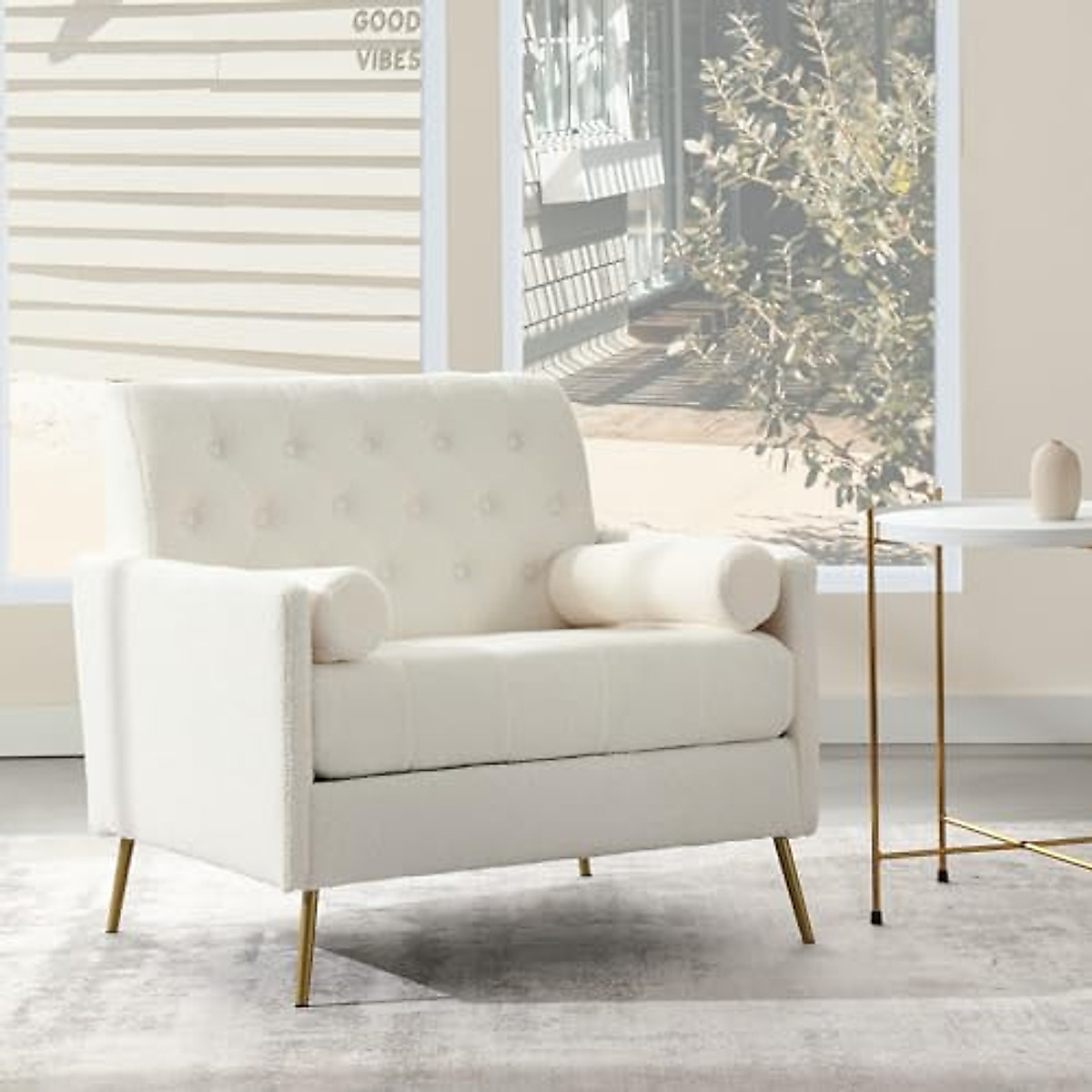 Guyou Modern Accent Chair, White Sherpa Upholstered Tufted Armchair Reading Chair Sofa Chair with Removable Cushion and Gold Legs for Living Room Bedroom Office Chatting Room