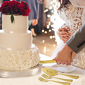 VARLKA Wedding Cake Knife and Server Set, Gold Mr and Mrs Champagne Flutes and Cake Cutting Set for Wedding Bridal Shower Gifts (Gold)