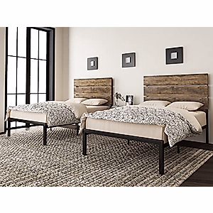 Allewie Twin Size Platform Bed Frame with Wooden headboard and Metal Slats/Rustic Country Style Mattress Foundation/Box Spring Optional/Strong Metal Slats Support/Easy Assembly/Light Brown