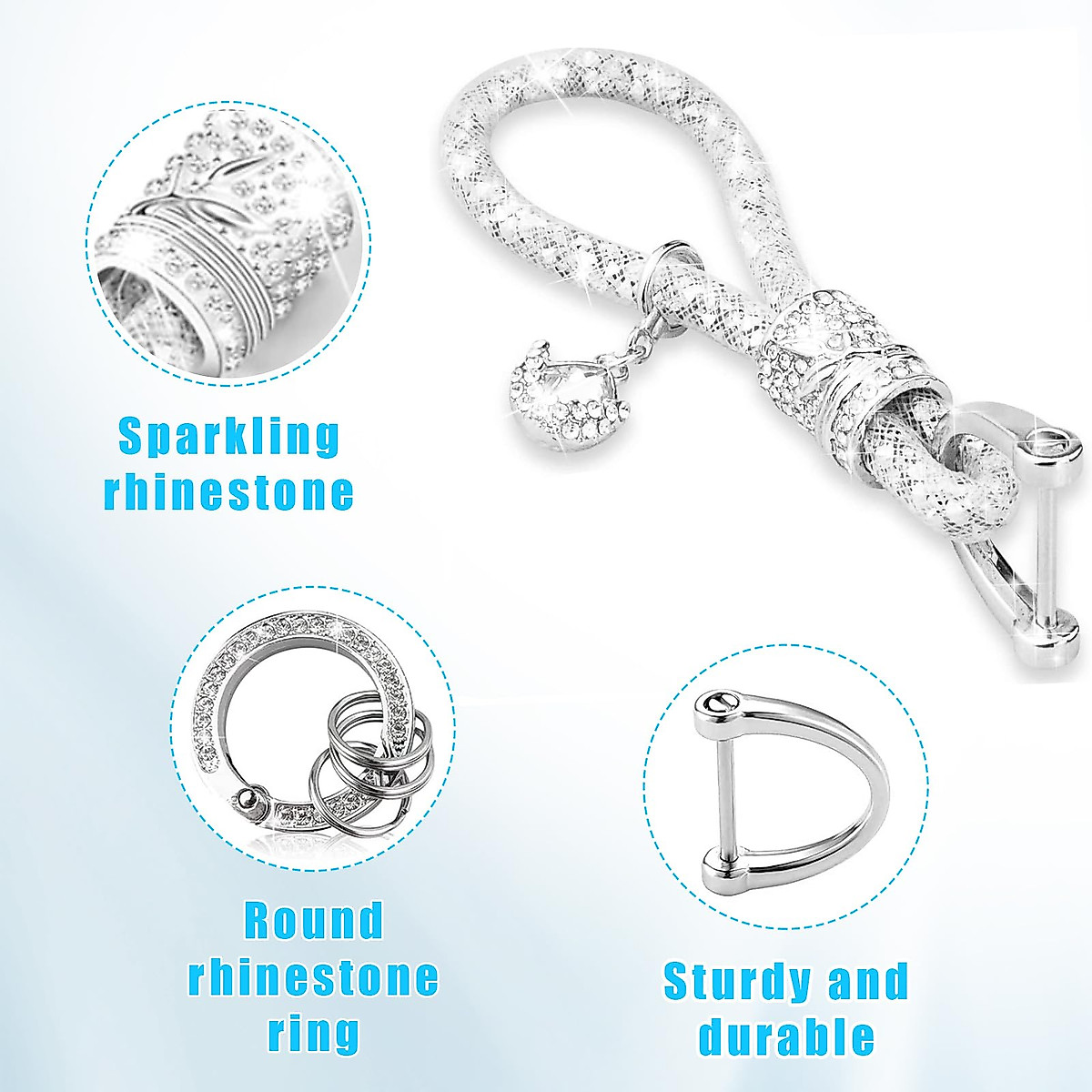Ziciner Bling Crystal Car KeyChains for Women & Girls, Car Key Chain Glitter Key Ring, Universal Bling Key Chain Accessories (White)