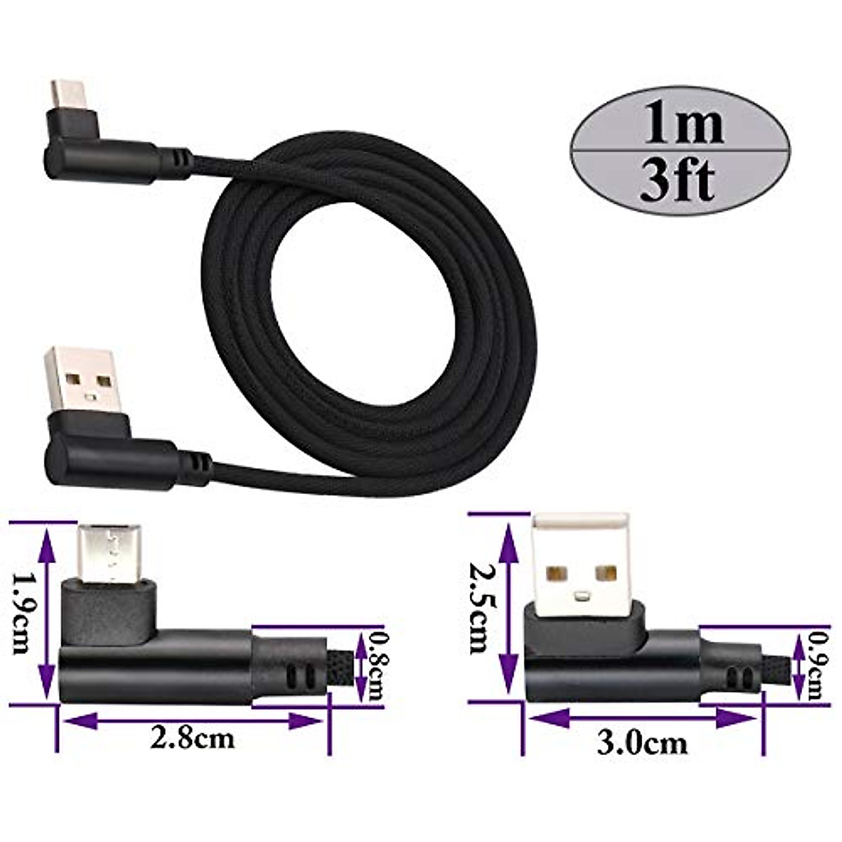 AAOTOKK 3 Ft 90 Degree Micro USB Cable Right Angle USB 2.0 Micro Male Nylon-Braided Fast Sync & Charging Cord Compatible with Android, Samsung, LG,Huawei, Smartphones & More(Black/3-Pack)