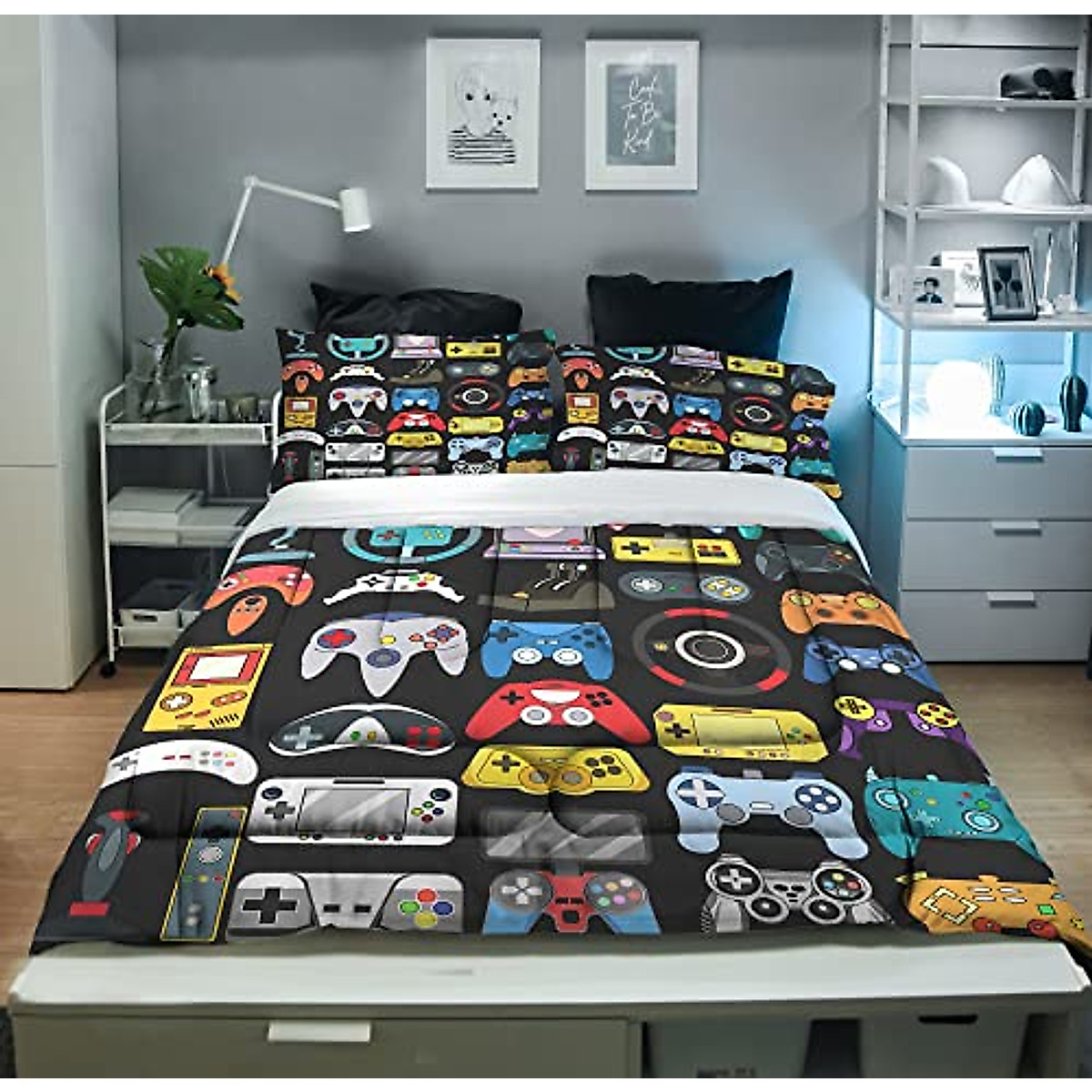 Sunnycitron Gaming Comforter Boys Bedding Sets Queen Comforter Sets Gamer Bedding Sets for Boys Gamer Bed Set Teen Boy Gamer Room Decor Gaming Comforter Set,1 Comforter 2 Pillowcases