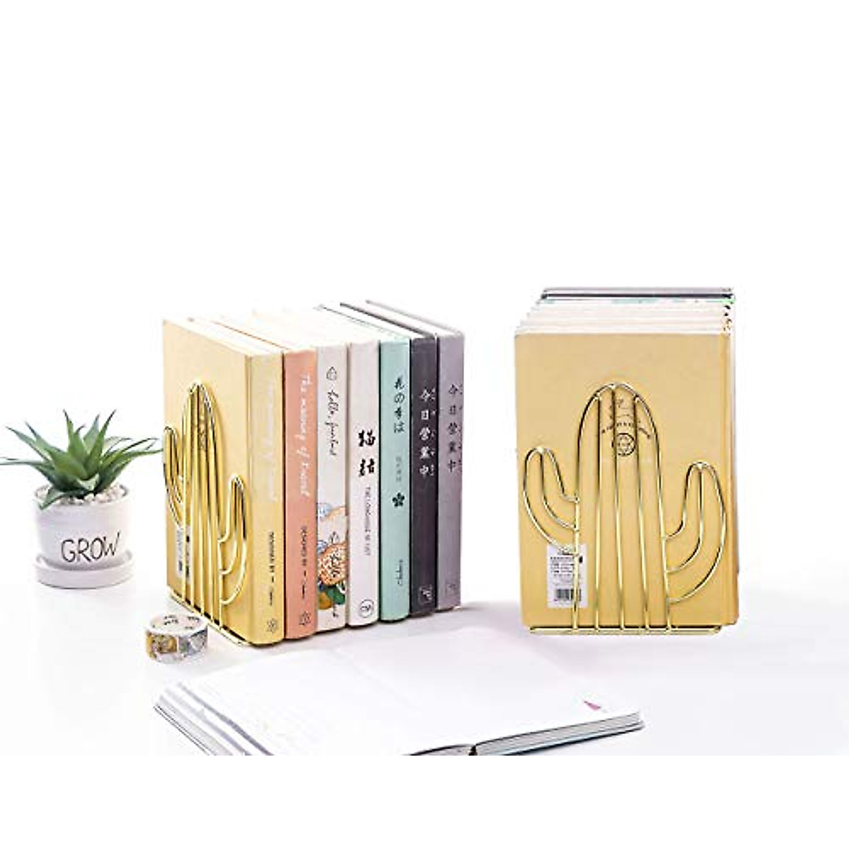 Agirlgle Bookends Metal Book Ends Heavy Duty Modern Decorative Cactus Bookend Bookshelf Decor for Home Bedroom Library Office School Book Display Desktop Organizer Decorative for Adults & Kids Gift