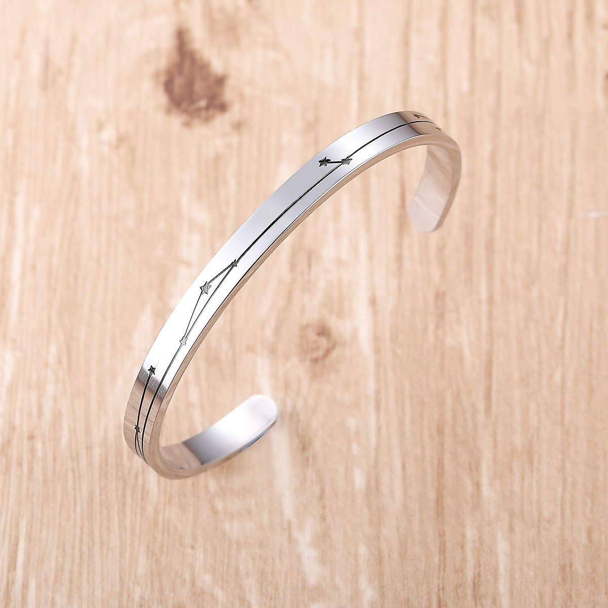 Silver Zodiac Cuff Bracelet Stainless Steel Engraving Size Adjustable Constellation Birthday Bracelet Gift for Women (Pisces)