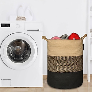 COMSE Extra Large Blanket Basket, High Storage Basket, Tall Rope Laundry Basket, 15.7”x 21.7”, Cotton Rope Basket, XXXL Laundry Basket, Toy Basket, Woven Basket, Clothes Baskets,Brown/Black