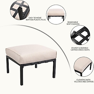 Festival Depot Patio Ottoman Metal Footstool with Thick Cushion Small Seat All Weather Outdoor Furniture for Porch Deck Garden (Beige)