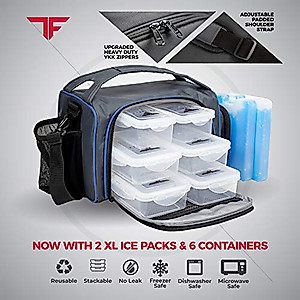 ThinkFit Insulated Meal Prep Lunch Box with 6 Food Portion Control Containers - BPA-Free, Reusable, Microwavable, Freezer Safe - With Shaker Cup, Pill Organizer, Shoulder Strap & Storage Pocket (Blue)